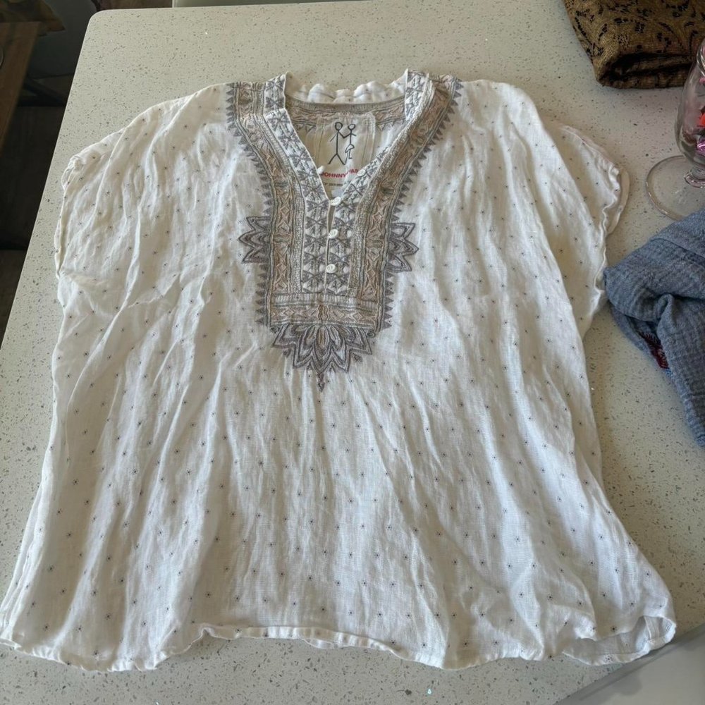 Johnny Was White Linen Embroidered Tunic - Gem